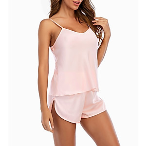 Zando Womens Cami Summer Pajamas Set Shorts Sexy Lingeri Satin Sleepwear Plus Size Lingerie Set Two Piece Sleepwear Satin Shorts Lingerie Set Womens Nightwears Silk PJS Pink X-Small
