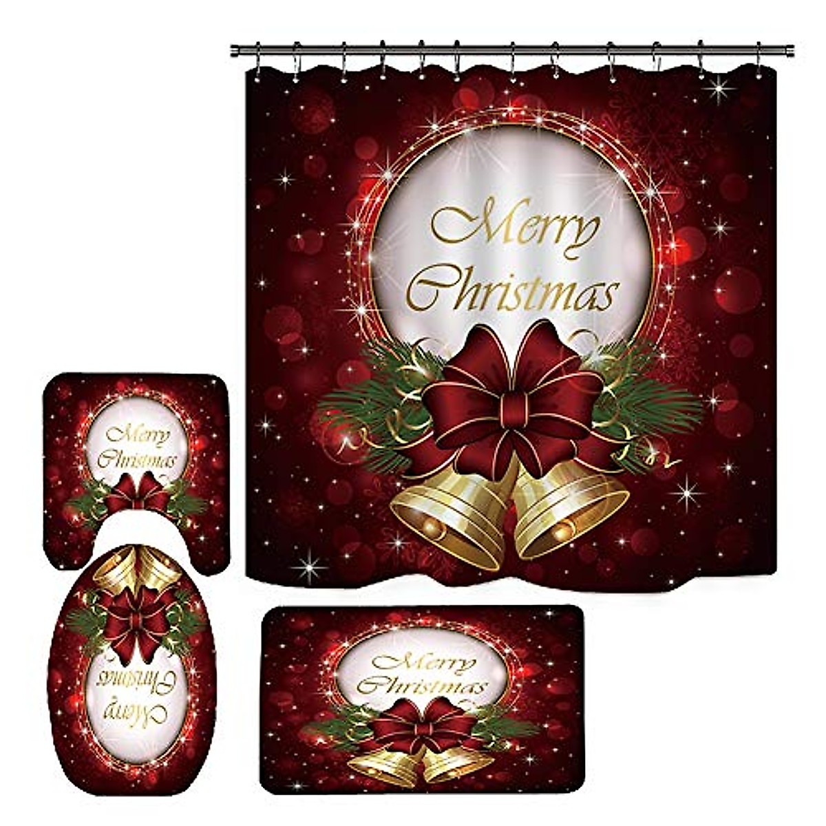 ZanLa Christmas Shower 4PCS Set Merry Christmas Shower Curtain Bathroom Floor Mat Base Mat Toilet Mat Christmas Bathroom Decoration