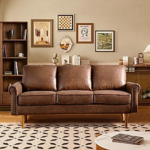 POUUIN Faux Leather 3 Seater Sofa Couches for Living Room,74" Mid Century Modern Deep Seat Sofas & Couches,Breathable Comfy Upholstered Couch for Bedroom Apartment Office (Dark Brown)