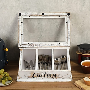 MyGift 3-Compartment Whitewashed Solid Wood Cutlery Tray Box Organizer with Clear Acrylic Hinged Lid & Black Cursive"CUTLERY" Label, Dining Utensil Holder
