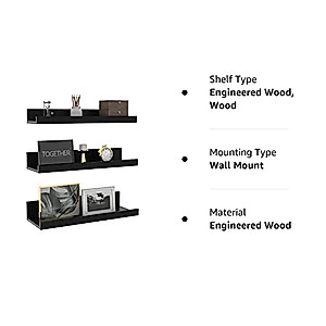 Giftgarden 16 Inch Black Floating Shelves for Wall Mount, Woodgrain Wall Shelf Ledge for Bathroom Bedroom Kitchen Living Room Office Storage, Set of 3 Different Sizes