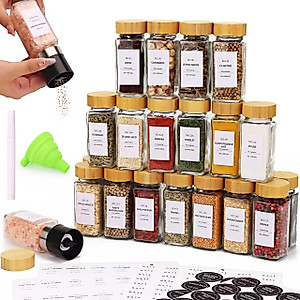 Forhaodejia Spice Jars - 24 Pcs, Spice Jars with Labels, Glass Spice Jars with Bamboo Lids, Seasoning Containers,Empty Glass Spice Container Set, Seasoning Organizer, Kitchen Set, with Pepper Grinder
