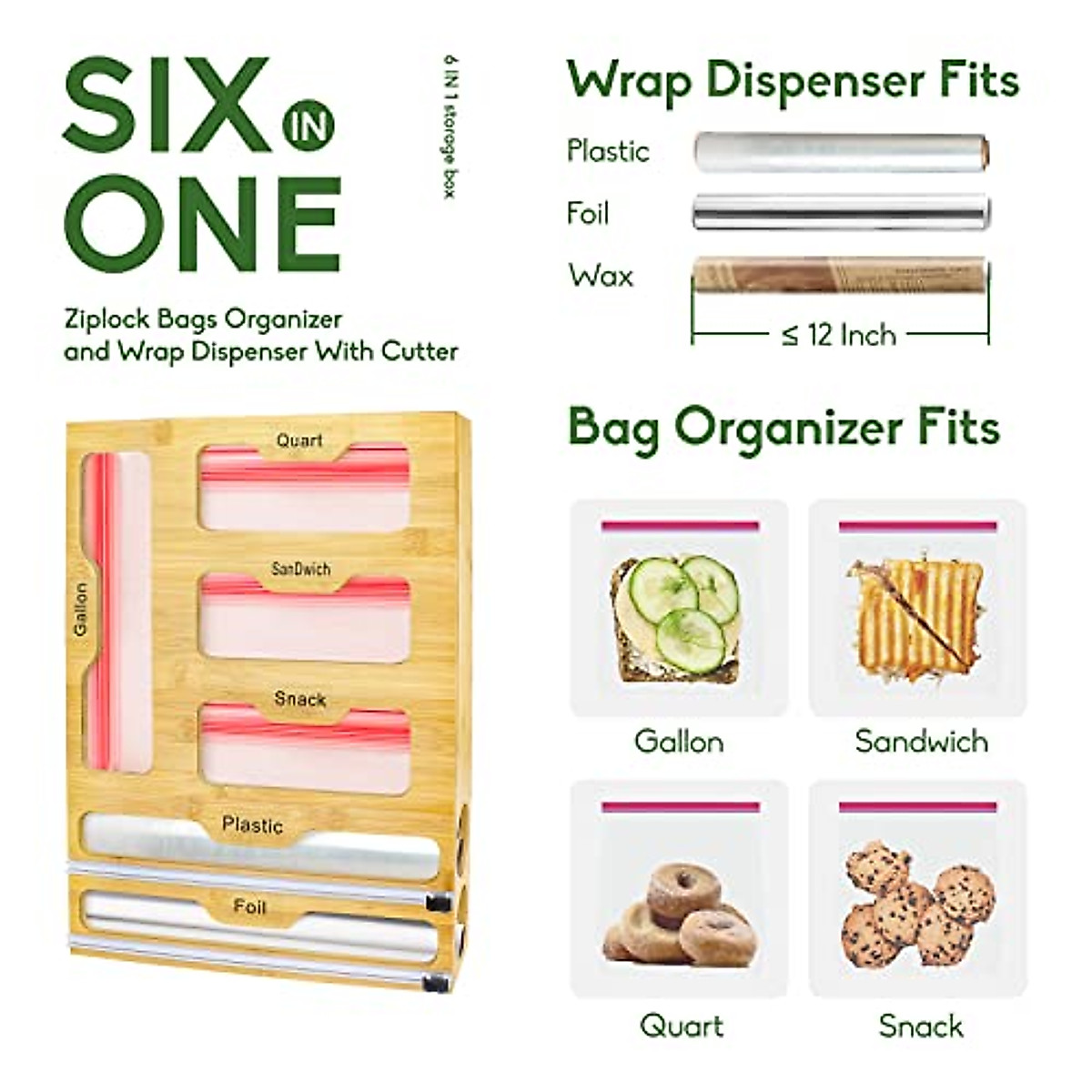 Ziplock Bag Organizer Bamboo , 6 in 1 Wrap Dispenser With Cutter, Kitchen Storage Ziplock Bag Organizer For Drawer, Compatible With Ziplock Gallon, Quart, Sandwich, Snack, Aluminum Foil etc