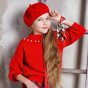 Geyoga Women Beret Hat Winter Wool Beret Hat French Beanie Beret Solid Color Beret with Skily Scarf(Black, Red, Beige, Wine Red)