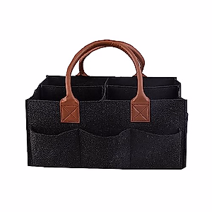 Mysa Felt Baby Diaper Caddy Car Organizer with Vegan Leather Handle for Diapers and Baby Wipes For Changing Table Nursery Storage Bin Basket, Baby Shower Gift Suitable For Indoor Outdoor (BLACK)