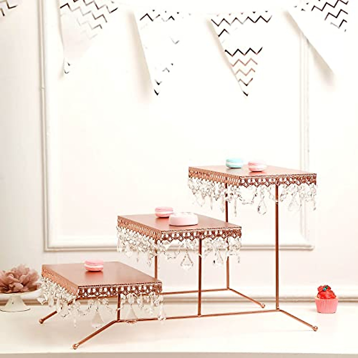 Efavormart 15" Tall Rose Gold 3 Tiered Serving Stand Cupcake Dessert Stand with Crystal Pendants