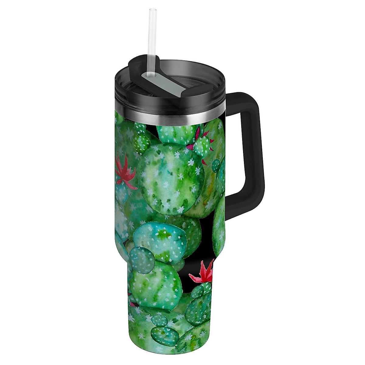 Yasala Car Tumbler with Handle Green Cactus Watercolor Travel Mug Coffee Cup Insulated Beverage Container Mega Cup for Hot Cold Drinking Thermos Water Bottle Cupholder Friendly 40 oz