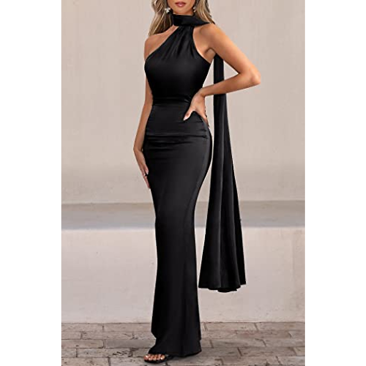 PRETTYGARDEN Women's Maxi Satin Dress Sleeveless Halter Neck Backless Long Formal Evening Cocktail Dresses (Black,Small)