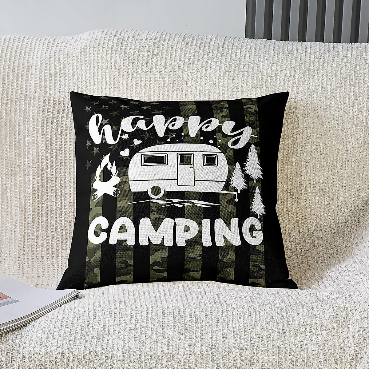 Camo Camping Pillow Case Cover 2 Pack,RV Camper Accessories for Travel Trailers 16"x16" Soft Cushion Cover Reversible Print,Green Camouflage American Flag Throw Couch Sofa Pillow Cover