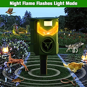 Ultrasonic Animal Repeller, 2023 New Solar Powered Cat Repellent Outdoor with Flame Light Flicker, 5 Modes Waterproof Dog Deterrent Repel Dogs,Cat, Bird,Squirrels,Raccoon,Rabbit,Fox for Garden Yard