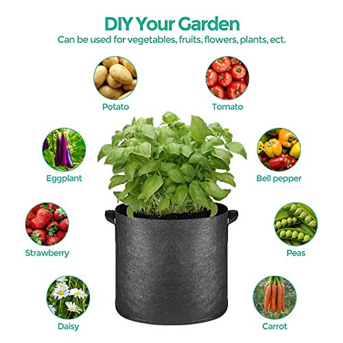 T4U Fabric Plant Grow Bags with Handle 10 Gallon Pack of 5, Heavy Duty Nonwoven Smart Garden Pot Thickened Aeration Nursery Container Black for Outdoor Flower and Vegetables