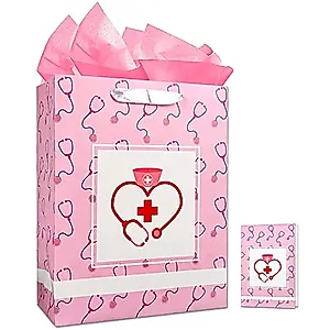 SICOHOME Nurse Gift Bag 13" Graduation Gift Bag with Tissue Paper and Greeting Card for Nurse Gifts for Women for Nurse Doctor Large Graduation Gift Bag with Nursing School Grads Medical School Graduate,Social Worker