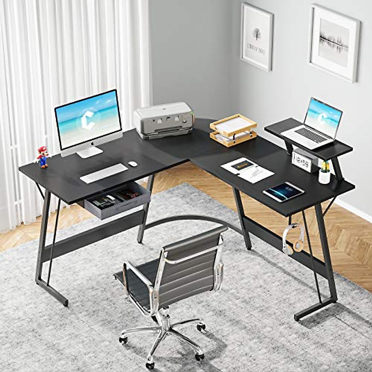 CubiCubi L Shaped Desk, Computer Corner Gaming Desk with Large Monitor Stand, 51.2" Home Office Writing Table, Workstation with Storage Drawer, Space-Saving, Black