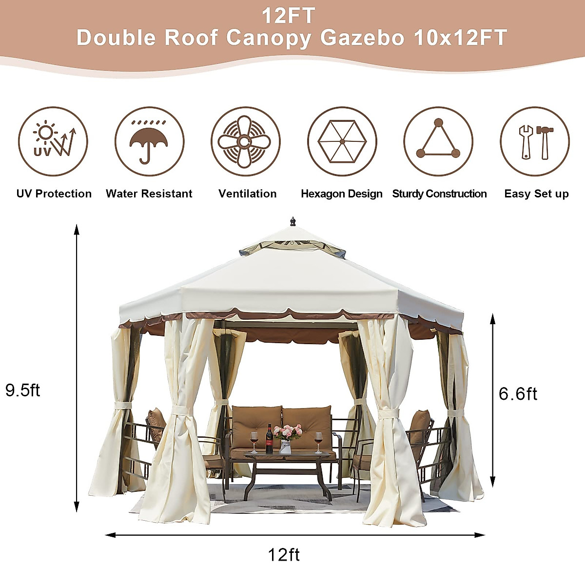 Outdoor Pop up Canopy Tent Gazebo,10x12 Double Roof Outdoor Pergola Tent Steel Frame gazebo curtains outdoor waterproof with Curtains and Mosquito Netting for Patio Garden Backyard Lawn Deck Yard