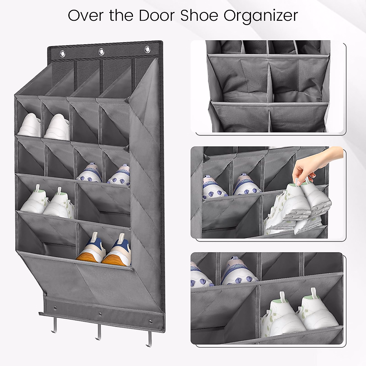 HAKACC Over The Door Shoe Organizer, Hanging Shoe Organizer Shoe Holder with Large Pockets Shoe Rack for Closet Home Grey