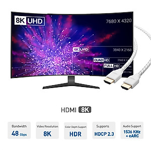 Cable Matters [Ultra High Speed HDMI Certified] Braided 48Gbps 8K HDMI Cable 6.6 ft / 2m with 8K @120Hz, 4K @240Hz and HDR Support for PS5, Xbox Series X/S, RTX3080 / 3090, Apple TV and More in White