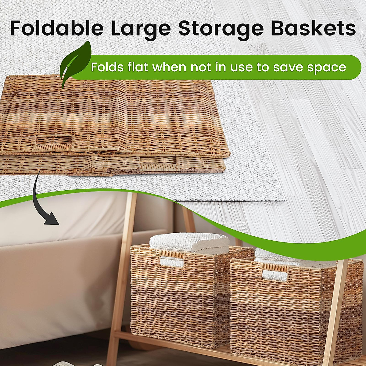 Wicker Storage Baskets 2-Pack, 12.6in Cube Storage Bins, large Woven Baskets for Shelves, Waterproof Wicker Baskets Foldable Organizer for Laundry Room, Bedroom, Living Room, Nursery Room, Set of 2