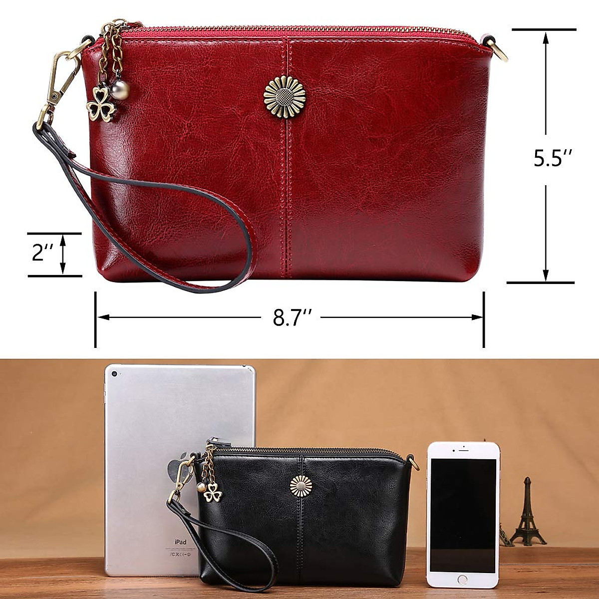 Women's Leather Wristlet Clutch Crossbody Bag, Small Shoulder Bag Cross Body Handbag Purse (Red)