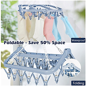 Aolloa Clothes Drying Rack with 32 Clothespins, Bule Foldable Hanging Drying Racks, 360° Rotatable Hook for Drying Towels Bras Baby Clothes Gloves Plastic, Clothes Drying Foldable-Bule
