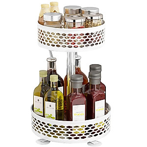 LBW Lazy Susan Organizer, 2 Tier Spice Turntable Organizer for Cabinet with Metal Sell, 10.2''Lx13.9''H Adjustable Spice Rack for Kichen Bathroom Table, White
