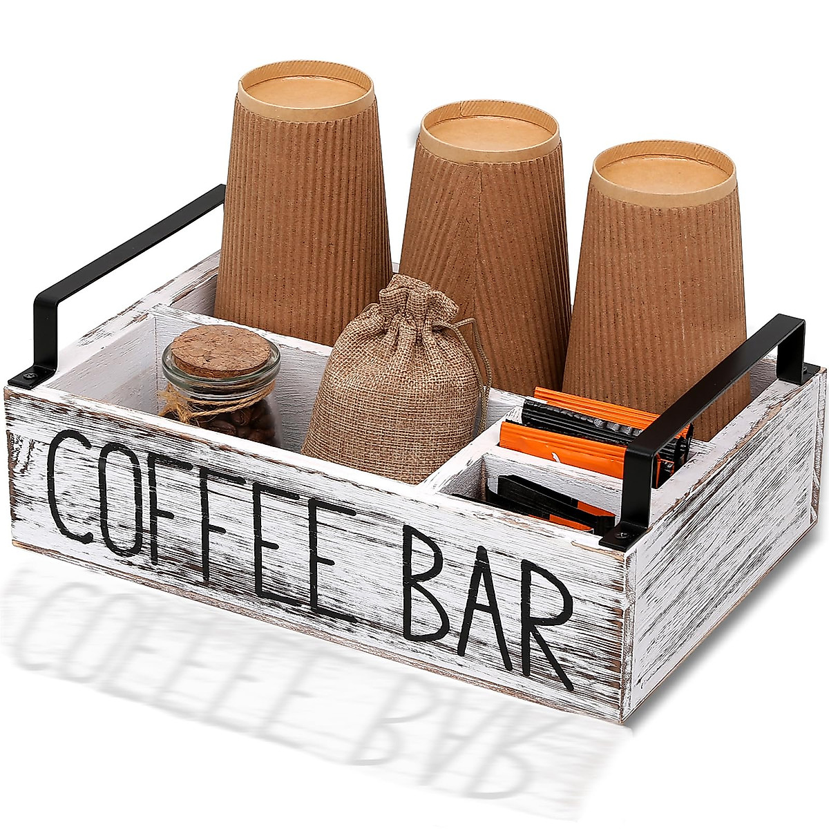 LYJWOO6D Coffee Station Organizer Coffee Pod Holder Wooden Coffee Bar Accessories Organizer for Countertop,Farmhouse Coffee Pod Holder Organizer with Handle,Coffee Bar Decor Rustic White