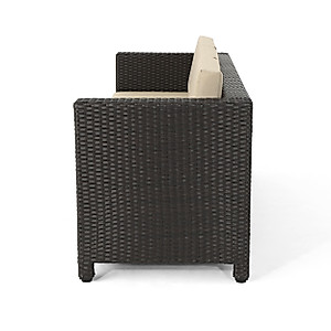 Christopher Knight Home Puerta Outdoor Wicker 3-Seater Sofa, Dark Brown / Beige Cushion