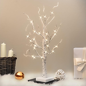 Alfanite Lighted Birch Tree with LED Lights for Indoor Decor, 2FT White Christmas Tree, Artificial Tree with Battery Powered Timer for Winter Wedding Home Mantle Table Top Centerpieces Easter Decor