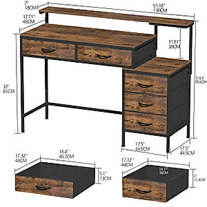 VENNQD Computer Desk with Reversible Drawer Cabinet Printer Stand, Ergonomic Office Desk with Monitor Stand, Home Office Desks with Storage Fabric File Drawers for Writing, Gaming, Studing (Brown)