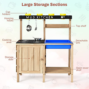 Costzon Mud Kitchen, Wooden Pretend Play Kitchen with Removable Sink, Stoves, Cooking Accessories, Backyard Garden Worktop Toy, Mud Kitchen for Kids Outdoor, Kids Kitchen Playset for Boys Girls 3+