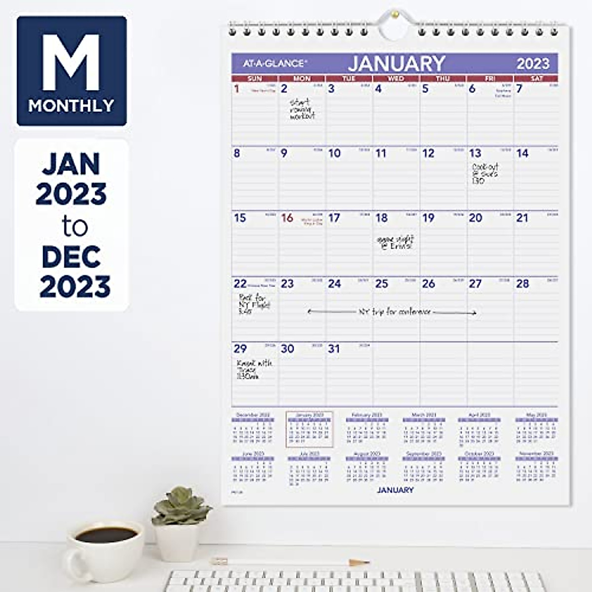 AT-A-GLANCE 2023 Wall Calendar, 8" x 11", Small, Ruled Blocks, Spiral Bound, Monthly (PM128)