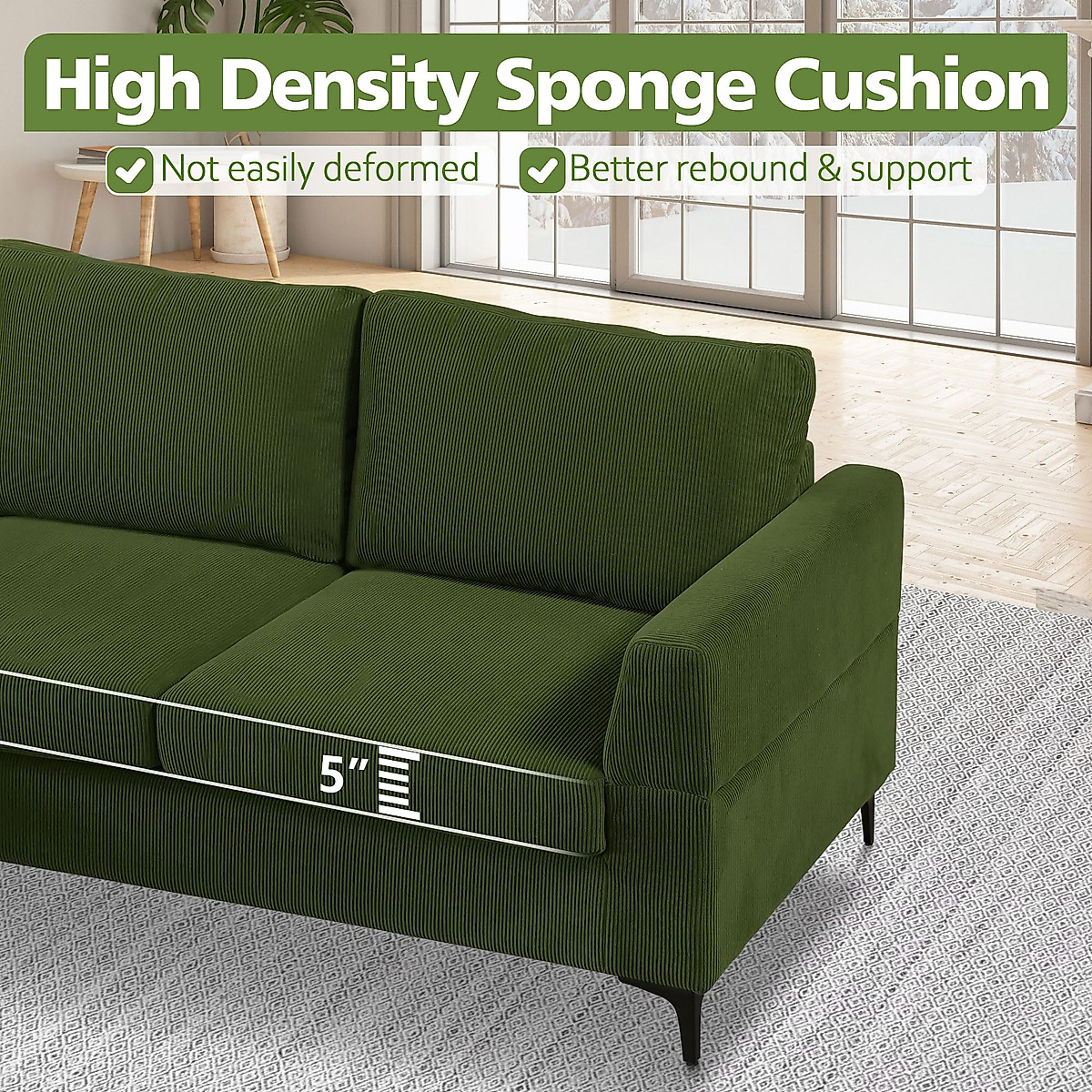 POUUIN 96" Corduroy Sectional Sofa Couch,L Shape Couches for Living Room,3 Seat Reversible Chaise Sofa Convertible Lounge Corner Sofa Living Room Furniture Set (Green)