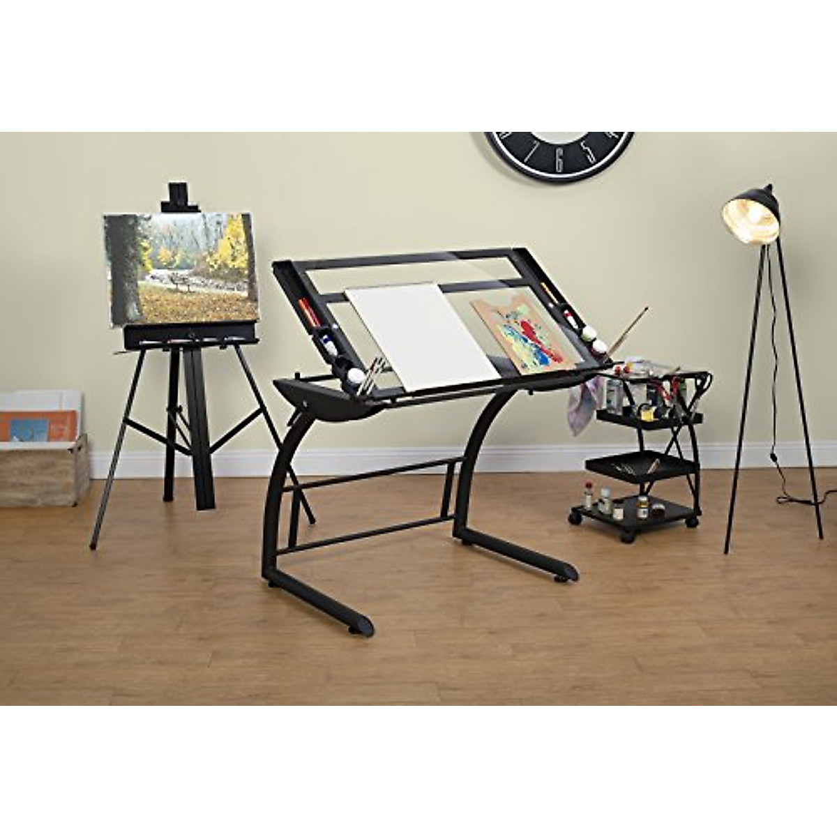 SD STUDIO DESIGNS Triflex Drawing Table, Sit to Stand Up Adjustable Office Home Computer Desk, 35.25" W X 23.5" D, Charcoal Black/Clear Glass