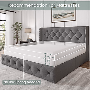 LARMACE Queen Size Bed Frame Linen Upholstered Bed with 4 Storage Drawers and Wingback Headboard Tufted Platform Beds Frame with Wood Slats Support, No Box Spring Needed, Light Grey