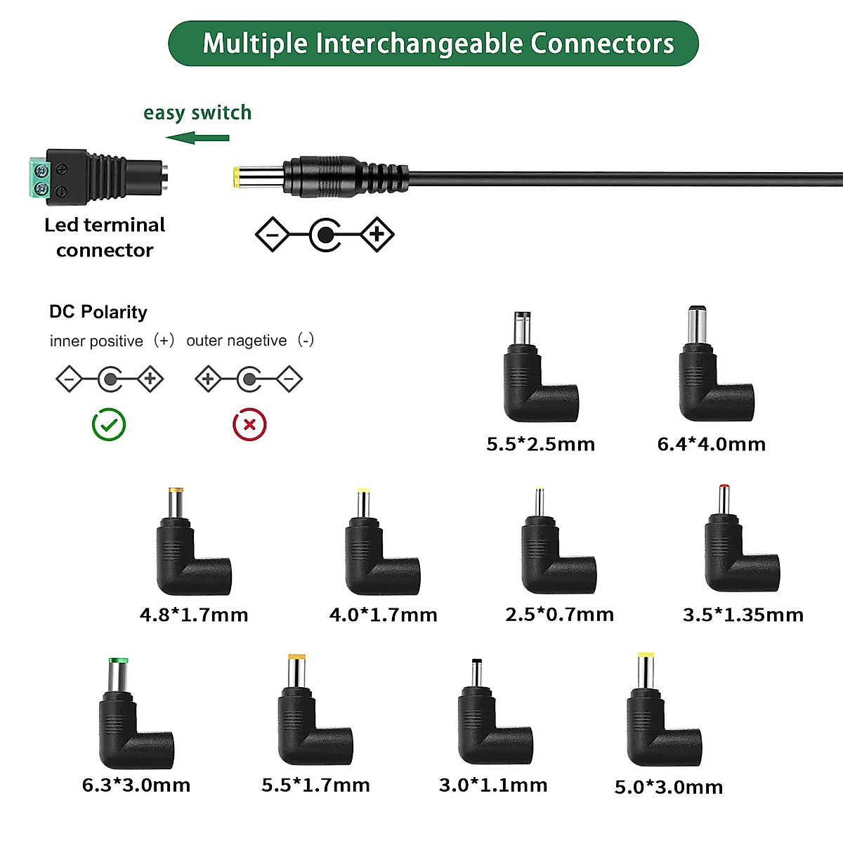 12V 5A Power Supply Adapter,100~240V AC to DC 12 Volt 5A 4A 3A 2.0A 1A Converter with 11 Tips for LED Strip Light DVR NVR Security Cameras System CCTV Accessories and More