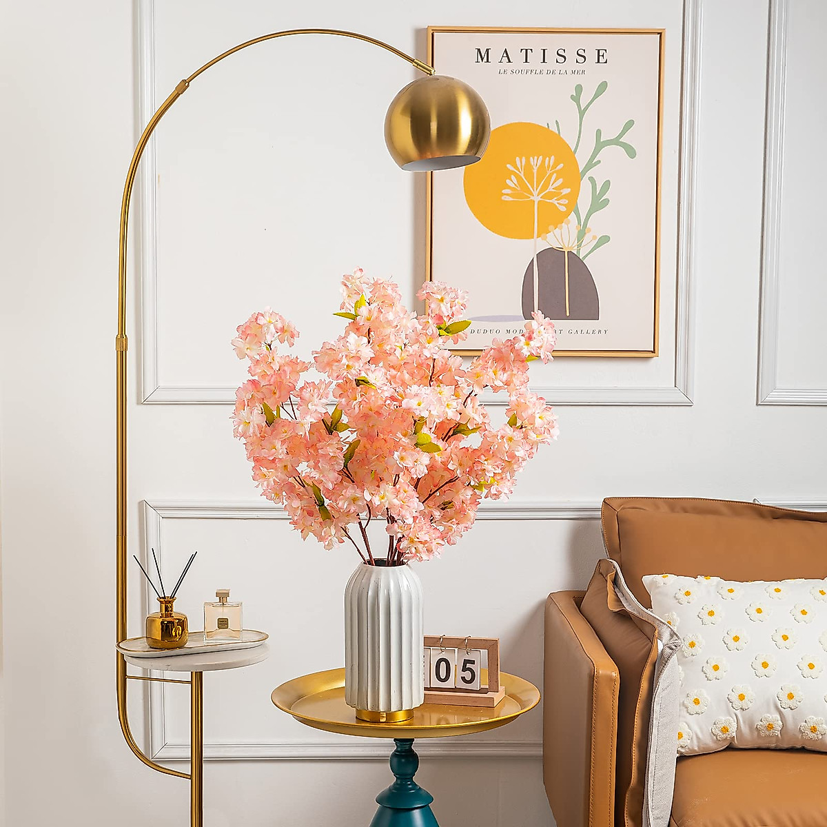 Floralsecret Artificial Cherry Blossom Flowers 4 Branches, 42.25 Inch in White Silk Cherry Blossom for Home Garden Wedding Table Centrepiece Party Event Spring Decor