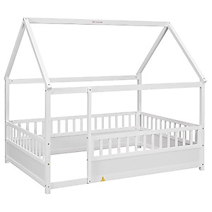 Wood Montessori Floor Bed Full Size, Full Floor Bed with Fence and Door, Full Size House Bed for Kids, Girls, Boys, White Montessori Bed Full Size