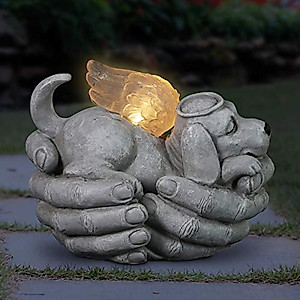 Exhart Dog Statue, Solar Cradled Pet Memorial Garden Sculpture, LED Light Angel Wings, Outdoor Garden Decoration, 8 x 5 Inch