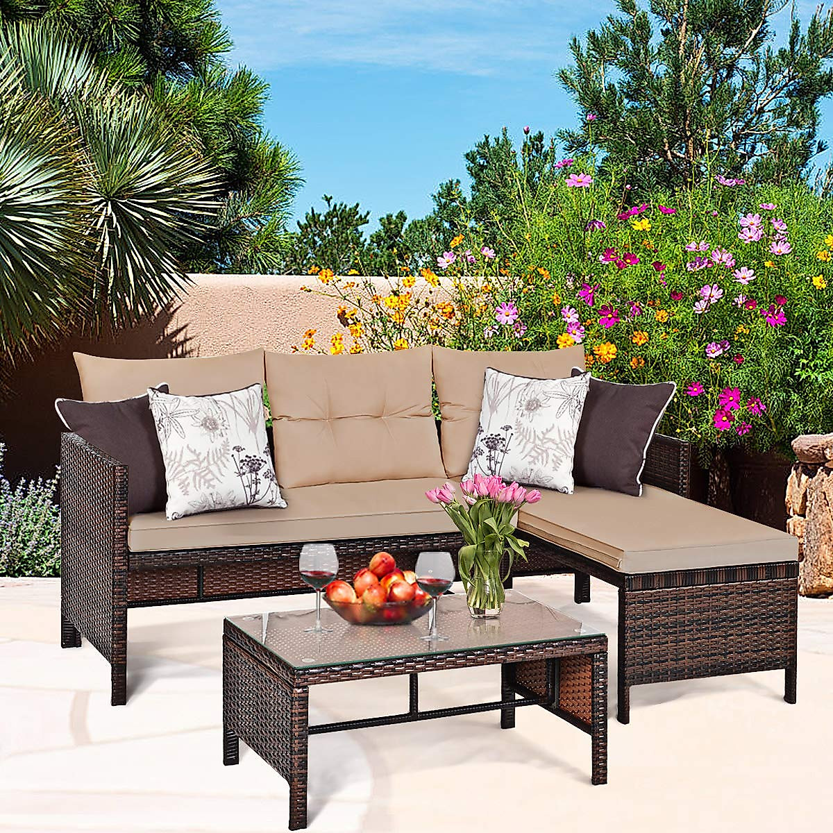 RELAX4LIFE 3-Piece Patio Furniture Set, Outdoor Wicker Sectional Sofa Set w/Washable Cushion, Tempered Glass Coffee Table, Rattan Conversation Set Outdoor Couch for Garden Backyard Deck (Brown)