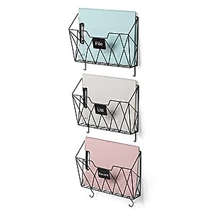 CADUKE Hanging File Organizer Wall Mail Hold 3 Pockets File Wall Organizer with Tag Slot Metal Mesh Folder Wall File Holder with Hooks Mail Paper Organizer Wall Magazine Rack for Office Home, Black