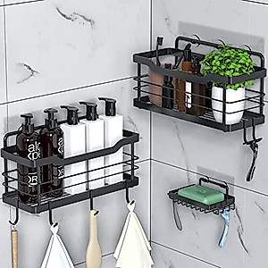 Carwiner Shower Shelf Deep Caddy 3-Pack Basket with 10 Hooks & Soap Dish Holder, SUS304 Stainless Steel Bathroom Caddy Organizer Rack Adhesive Shampoo Holder Wall Mounted No Drilling