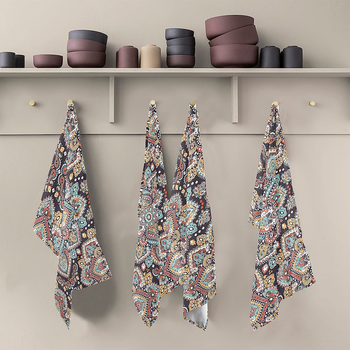 MNSRUU Kitchen Towels Dishcloths Sets 4Pcs with Hanging Loop, Indian Floral Paisley Absorbent Kitchen Décor Cleaning Hand Towel Tea Towels for Farmhouse Kitchen Dishes Tea Home