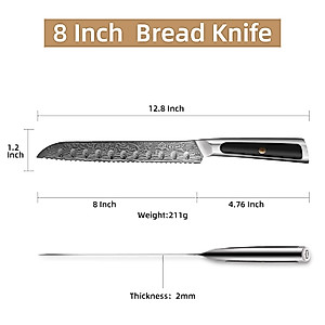 Sunnecko Bread Knife 8 inch, Serrated Bread Knife for Homemade Bread with 67-layers VG10 Damascus Steel Blade, Japanese Bread Knife with Solid Handle Best Bread Cutting Knife Bread Knives Cake Knife