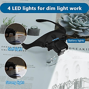 Headband Magnifying Glass with 4 LED Lights, Rechargeable Head Magnifier with 5 Detachable Lenses 1.0X, 1.5X, 2.0X, 2.5X 3.5X - Hands Free Lighted Magnifier Glass for Jewelry, Crafts, Cross Stitch