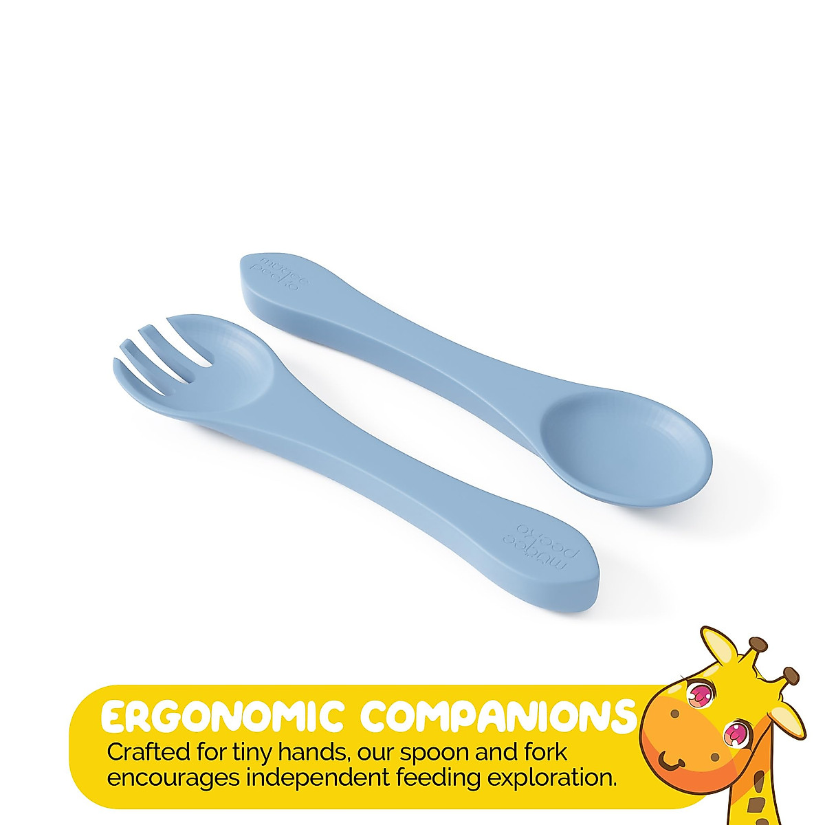 Muqee Peeko Carolina Blue Silicone Baby and Toddler Self-Eating Food Plates Set with Utensils (8 Piece Set)