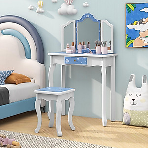 Olakids Kids Vanity Set, 2 in 1 Wooden Princess Makeup Table and Chair Set with Detachable Tri-Folding Mirror Storage Drawer, Snowflake Themed Girls Pretend Beauty Dressing Play Toy Gift (Blue)