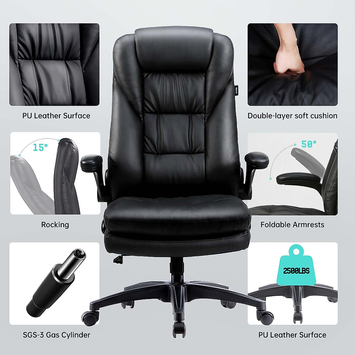 Hbada Executive Office Chair, Big and Tall Desk Chair 400lbs Wide Seat, High Back PU Leather Ergonomic Computer Chair with Adjustable Armrest, 360° Swivel Office Chair Adjustable Height, Black