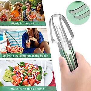 Andibro 3-in-1 Watermelon Fork Slicer Cutter, Stainless Steel Watermelon Popsicle Cutter Metal Melon Cutter Knife Portability Watermelon Cutter Slicer Tool for Camping Kitchen Gadgets(green)