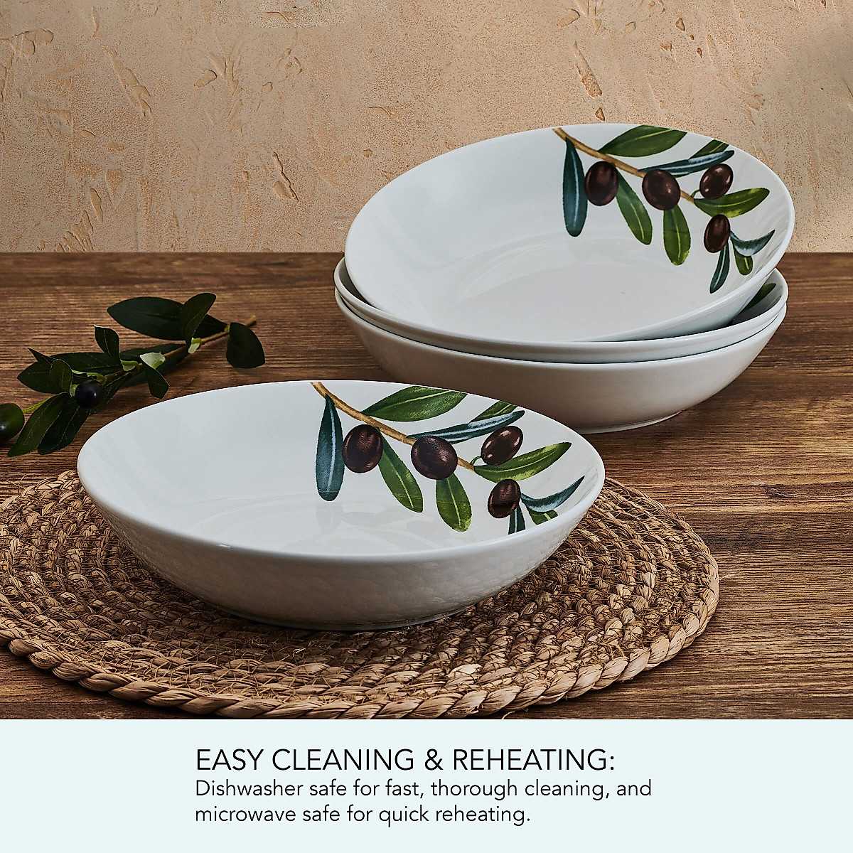 Studio Nova Olive Set of 4 Pasta Bowls, 8 Inch, 20 Ounce, White