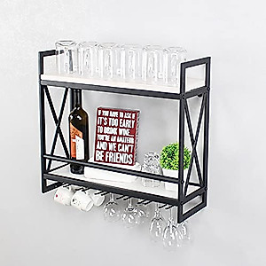 Industrial Wine Racks Wall Mounted with 6 Stem Glass Holder,Rustic Metal Hanging Wine Holder,2-Tiers Wall Mount Bottle Holder Glass Rack,Wood Shelves Wall Shelf Wine Accessories(24in,Vintage White)