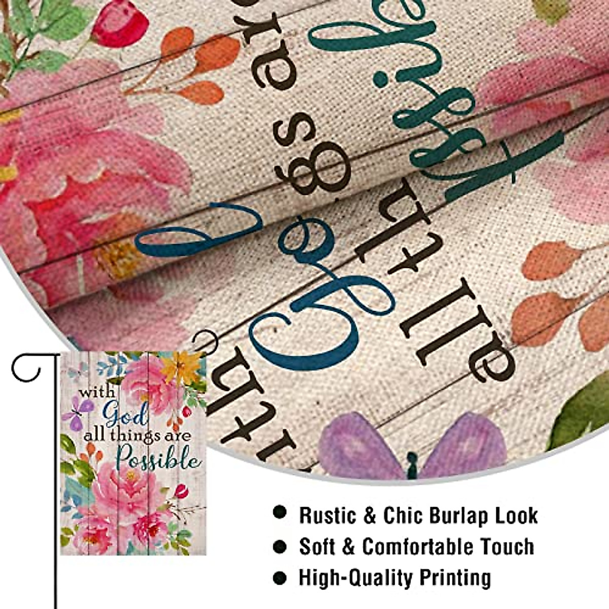 Artofy with God all Things are Possible Spring Home Decorative Garden Flag, Summer House Yard Religious Outdoor Peony Flower, Fall Inspirational Butterfly Faith Outside Farmhouse Small Decor 12 x 18